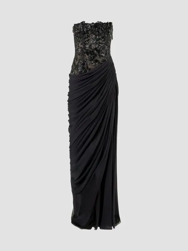 Carolina Herrera Floral Lace Silk Strapless Gown