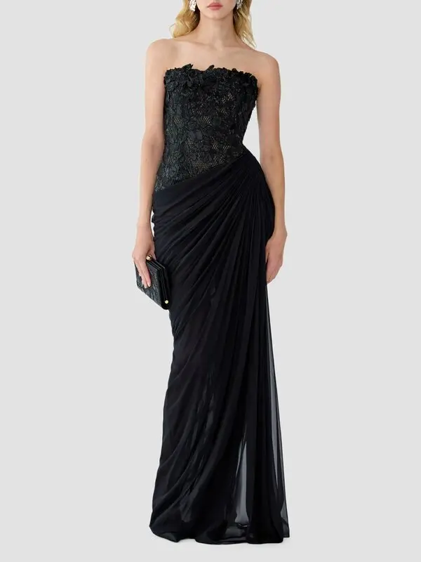 Carolina Herrera Floral Lace Silk Strapless Gown