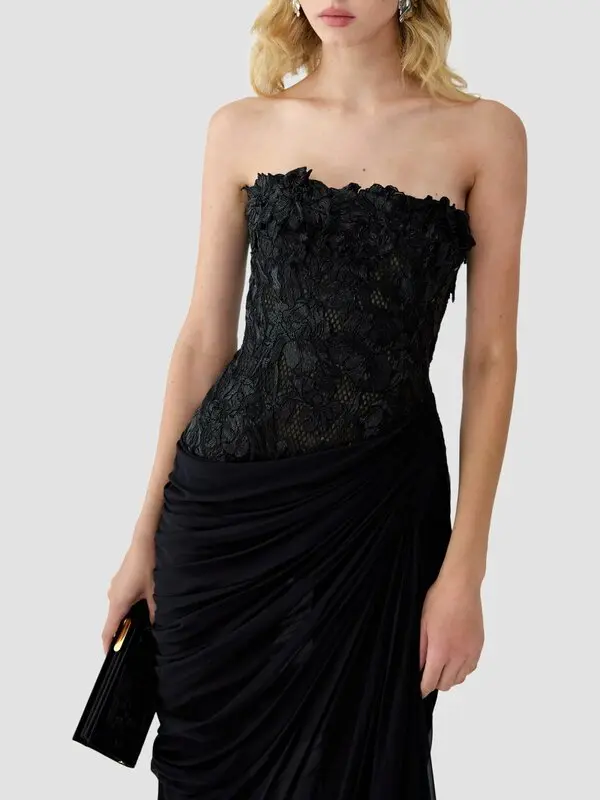 Carolina Herrera Floral Lace Silk Strapless Gown