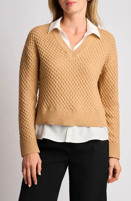 Halogen Honeycomb Stitch Twofer Top - Toasted Sand