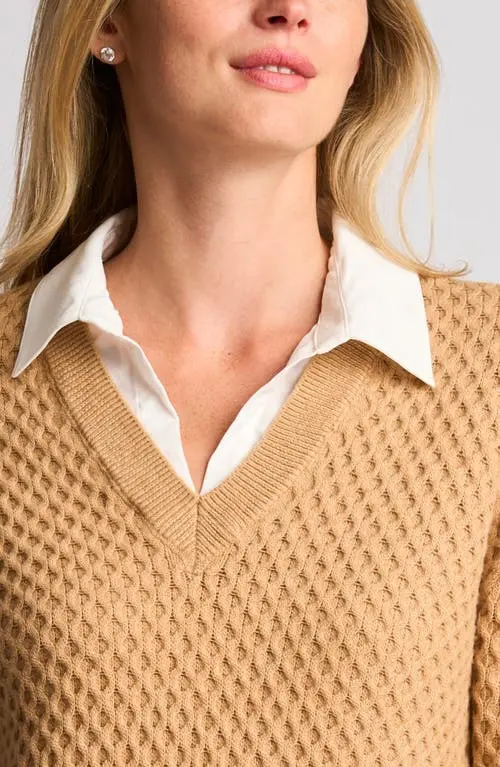 Halogen Honeycomb Stitch Twofer Top - Toasted Sand