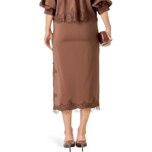 English Factory Lace Trim Satin Midi Skirt - Brown