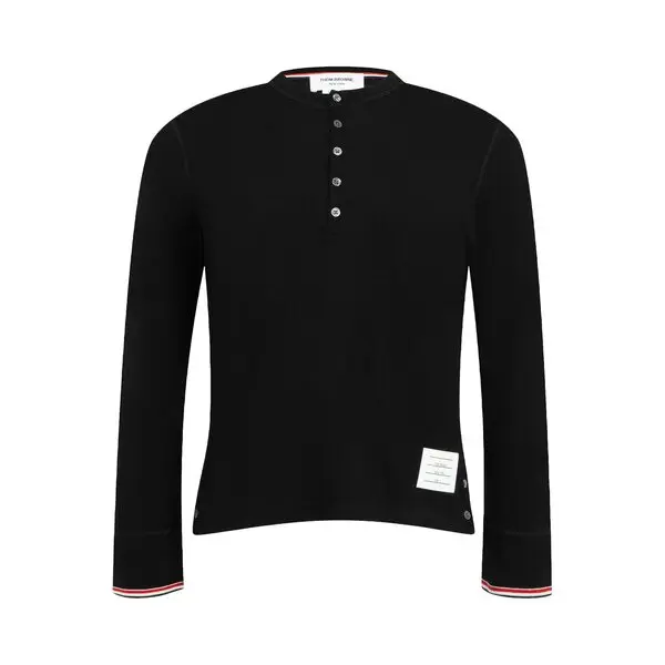 Thom Browne Long-sleeve Henley W/ Rwb Tipping Stripe In Wool Jersey