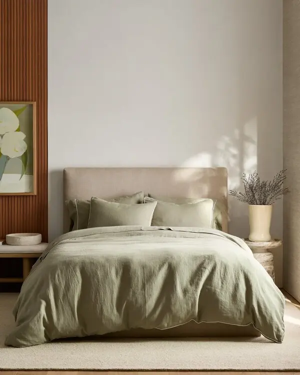 Quince European Linen Piped Duvet Cover - Willowleaf/white