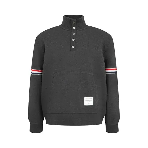 Thom Browne Funnel Neck Pullover In Pique Loopback W/ Rwb Engineered Stripe 'charcoal - Grey