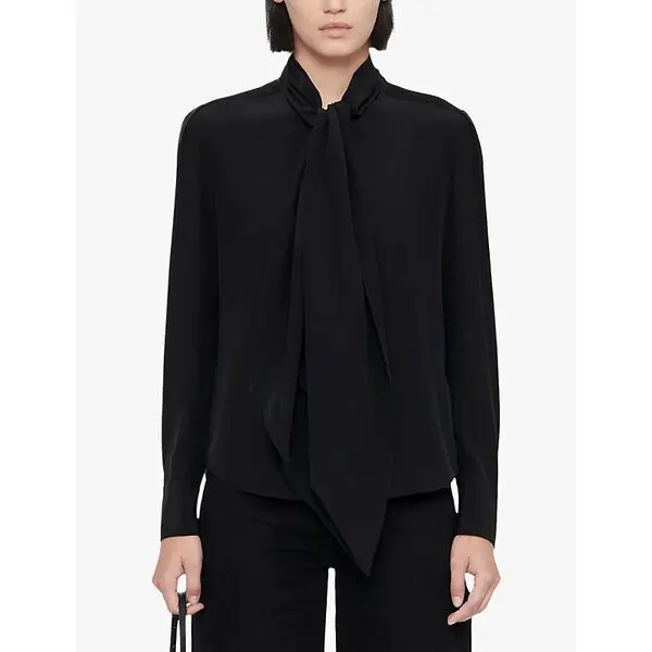 ALLSAINTS Iris Tie-neck Long-sleeve Silk Shirt - Black
