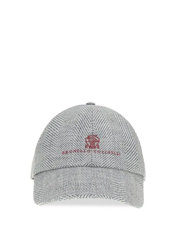 Brunello Cucinelli Alpaca, Wool And Silk Chevron Baseball Hat With Logo - Gray