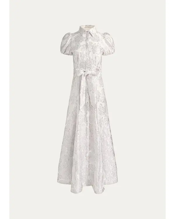 Alice + Olivia Henrietta Belted Metallic Jacquard Gown - Silver