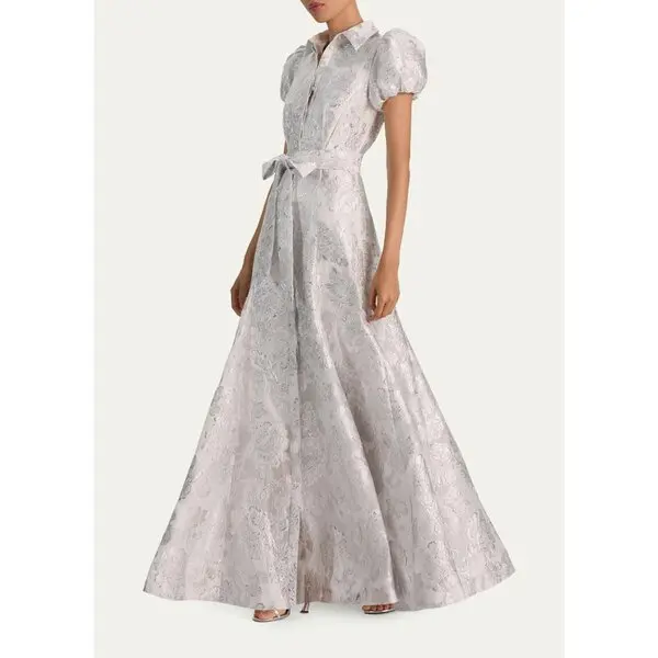 Alice + Olivia Henrietta Belted Metallic Jacquard Gown