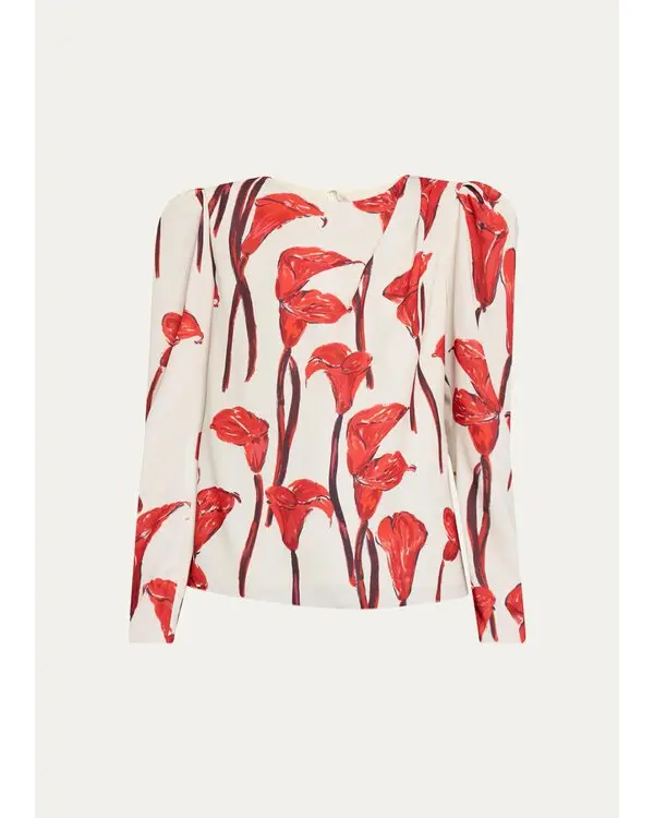Carolina Herrera Cala Lily Crepe Draped-sleeve Blouse - Ceramic Multi