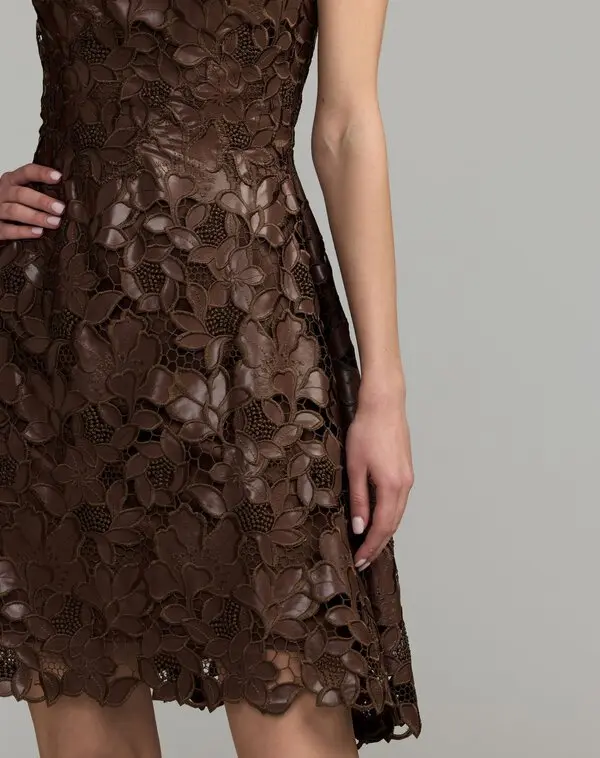 Mac Duggal Floral Embroidered Leather Mini Dress