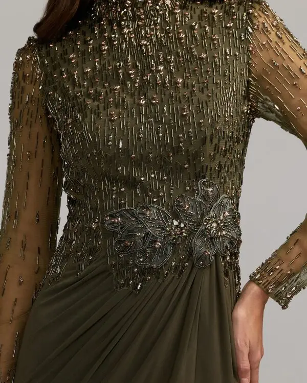Mac Duggal Beaded Mock Neck Jersey Gown