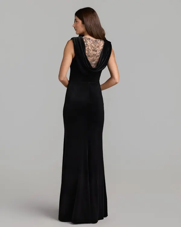 Mac Duggal Velvet Cowl Gown With Sheer Beaded Neckline