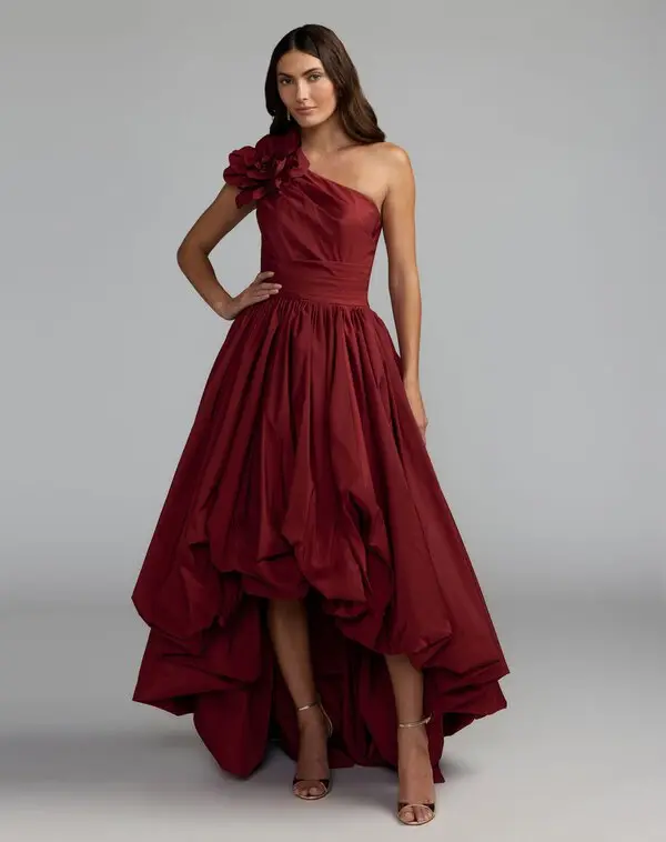 Mac Duggal One Shoulder High Low Gown With 3d Flower