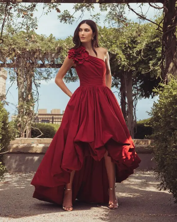 Mac Duggal One Shoulder High Low Gown With 3d Flower