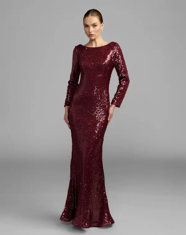 Mac Duggal Petite Long Sleeve Cowl Back Sequin Gown
