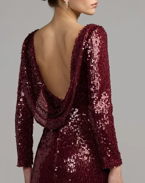Mac Duggal Petite Long Sleeve Cowl Back Sequin Gown