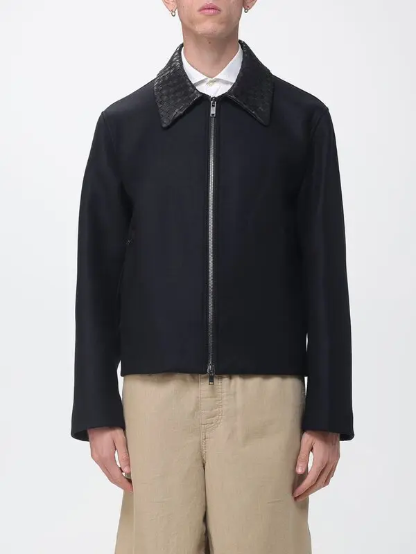 Bottega Veneta Single-breasted Short Wool Coat With Leather Collar - Black