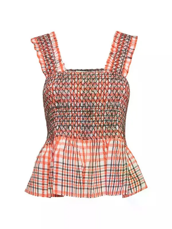 GANNI Charron Smocked Seersucker Top