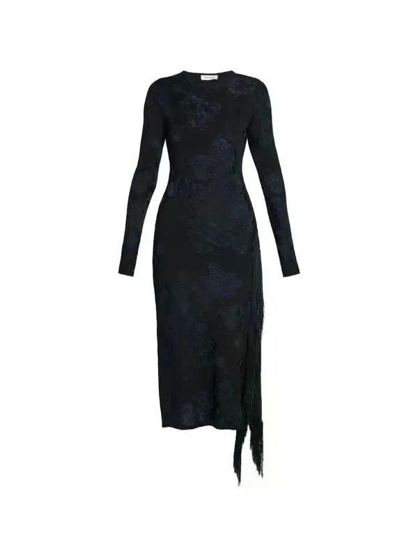 Erdem Floral-jacquard Fringe-trim Midi Dress - Black