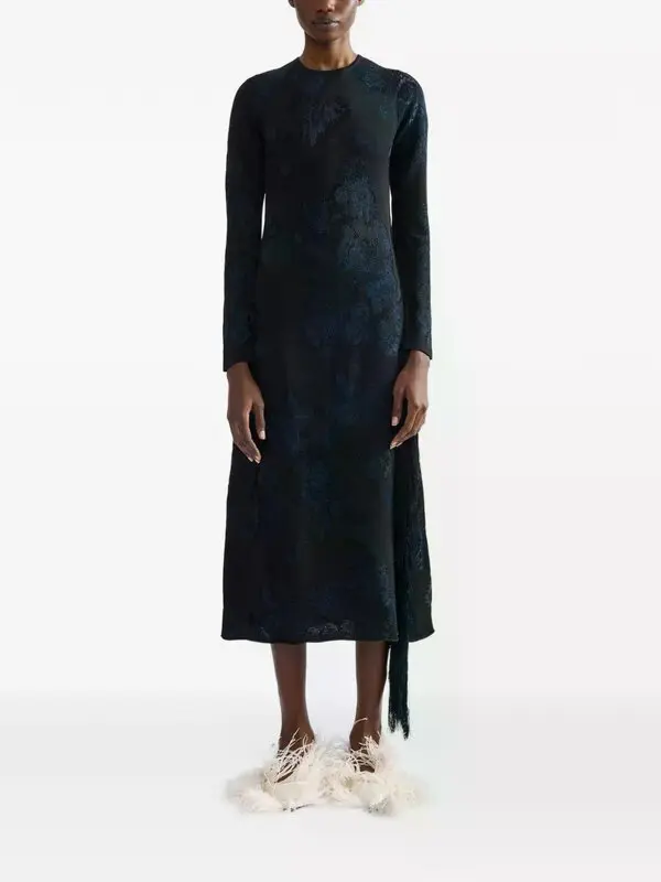 Erdem Floral-jacquard Fringe-trim Midi Dress - Black