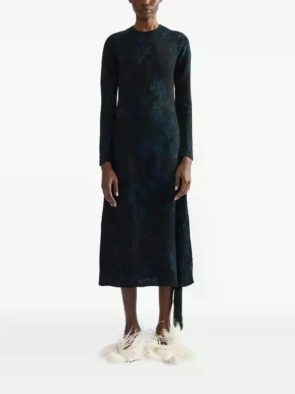 Erdem Floral-jacquard Fringe-trim Midi Dress - Black