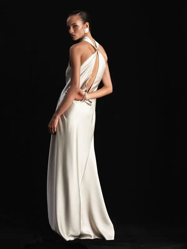 ATELIER Satin High-neck Open-back Maxi Dress - Grey