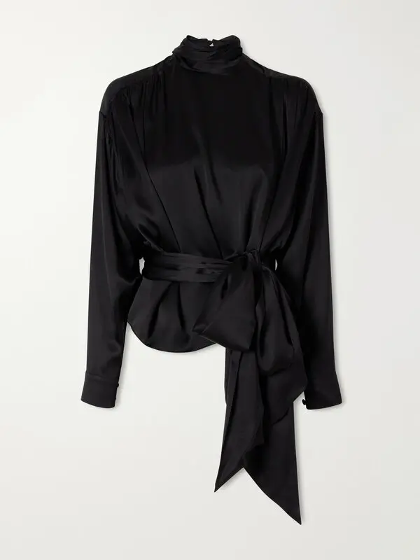 Balmain Belted Gathered Silk-satin Blouse - Black