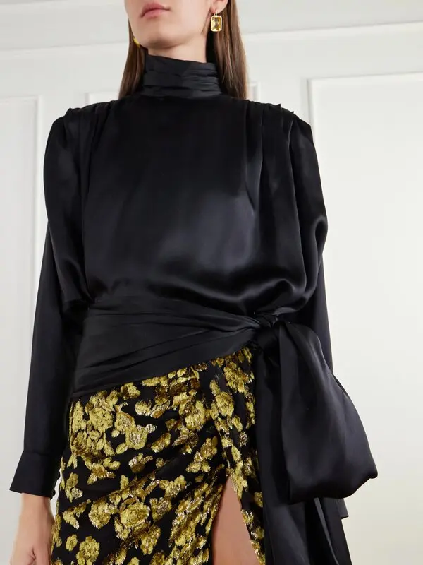 Balmain Belted Gathered Silk-satin Blouse