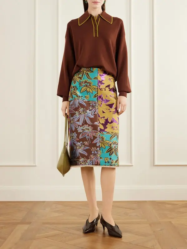 ALEMAIS Bodie Frayed Patchwork Floral-jacquard Midi Skirt