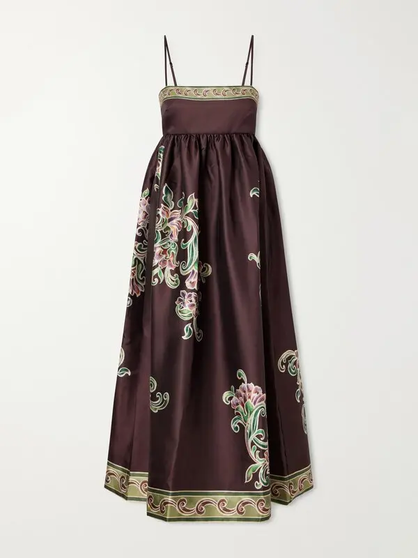 ALEMAIS Josie Gathered Floral-print Twill Midi Dress - Brown