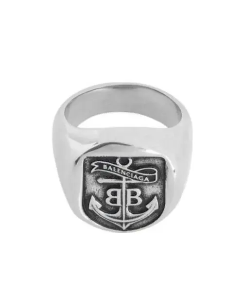 Balenciaga Anchor Crest Signet Ring In Antique Silver - Ancient Silver