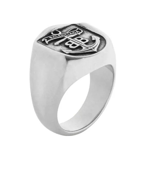 Balenciaga Anchor Crest Signet Ring In Antique Silver