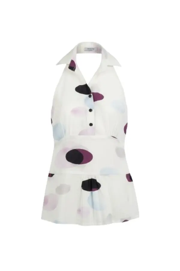 CONQUISTA Neutrals Polka Dot Halter Neck Top – Playful Elegance In Pastel Tones - White