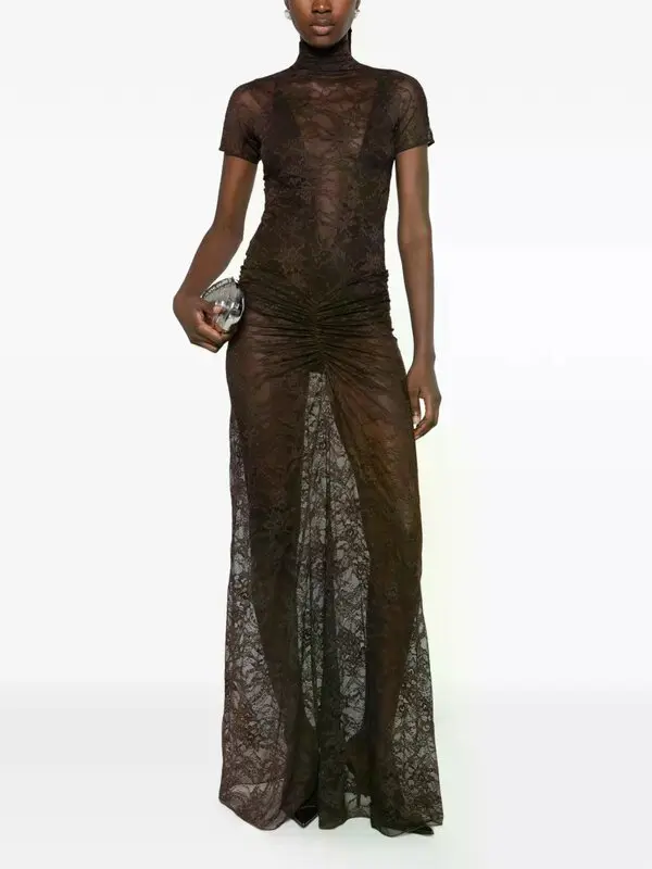 Andamane Palma Lace Ruched Gown Maxi Dress - Brown