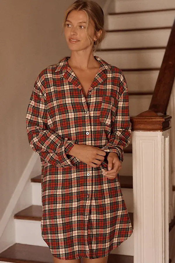 Polo Ralph Lauren Camp Collar 100% Cotton Sleep Dress - Brown Pattern