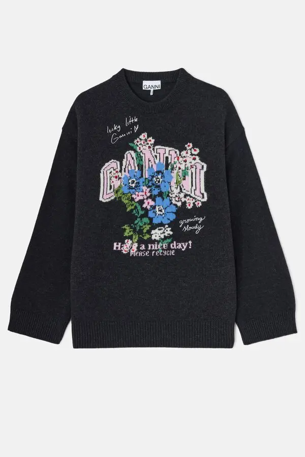 GANNI Graphic Wool Oversized Sweater Flowers - Multicolor