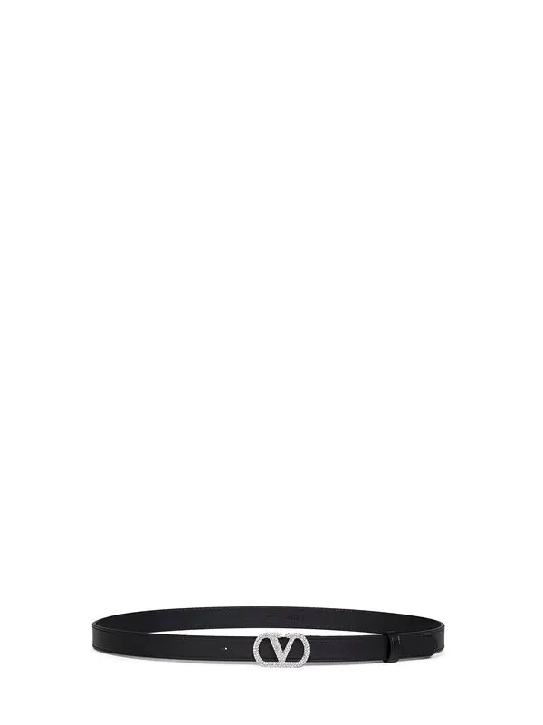 Valentino Garavani Black Shiny Calfskin Leather Vlogo Signature Crystal Belt - Multicolor