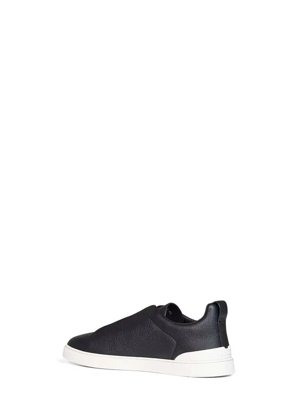 Zegna Navy Blue Grained Leather Triple Stitch Sneakers