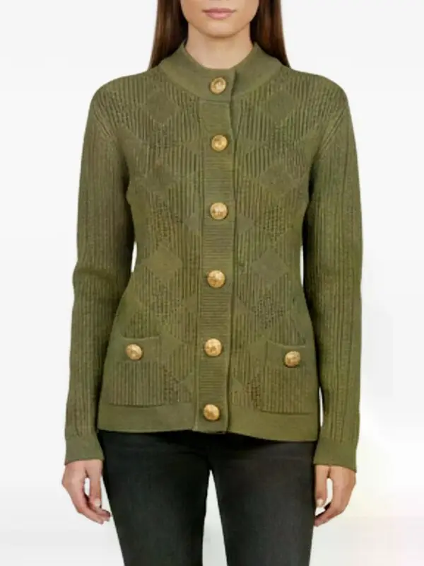 Balmain Button-embellished Gingham-knit Cardigan - Green