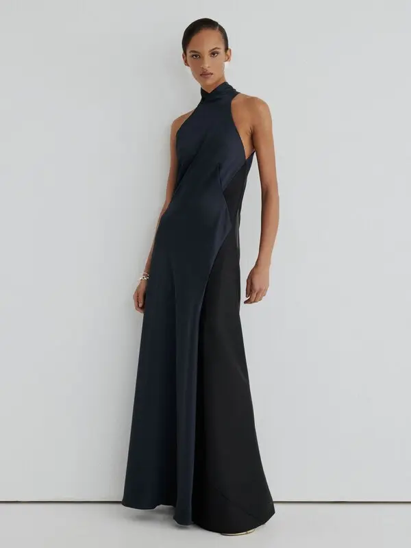 ATELIER Satin High-neck Open-back Maxi Dress - Navy/black