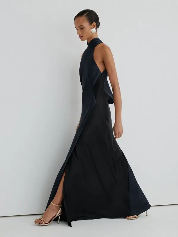 ATELIER Satin High-neck Open-back Maxi Dress