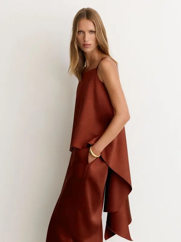 REISS Cara Satin Structured Drape-back Top - Rust Orange