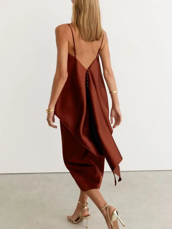REISS Cara Satin Structured Drape-back Top - Rust Orange