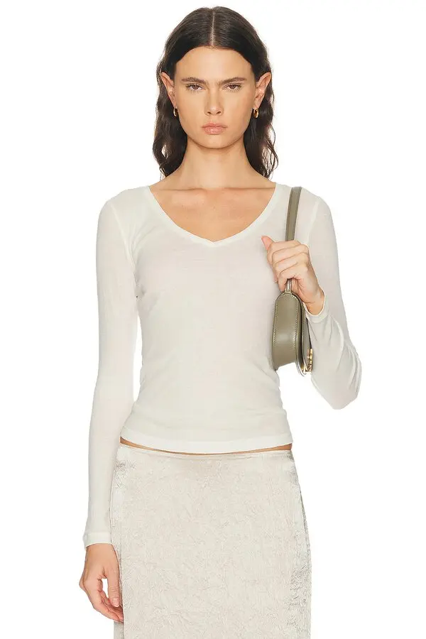 GRLFRND Sheer V-neck Tee In Cream