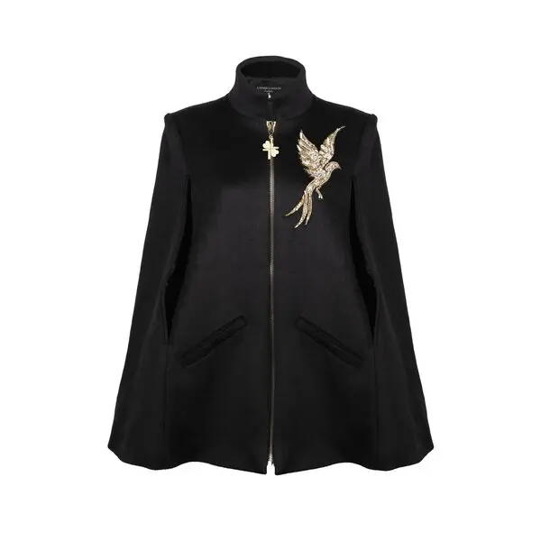 LAINES LONDON Laines Couture Wool Blend Zip Cape With Embellished Bird Of Paradise - Black