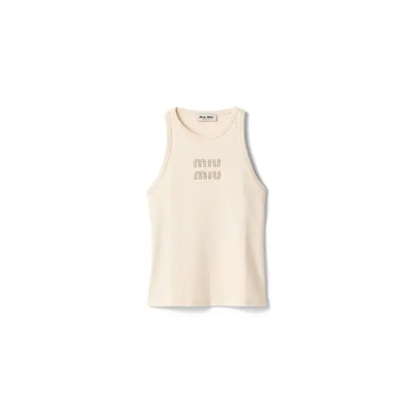 Miu Miu Ribbed Knit Tank Top With Embroidered Logo - Natural