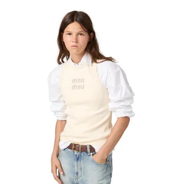 Miu Miu Ribbed Knit Tank Top With Embroidered Logo