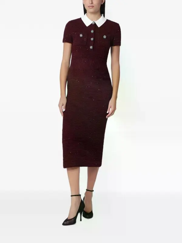 SELF-PORTRAIT Burgundy Textured-knit Midi Dress