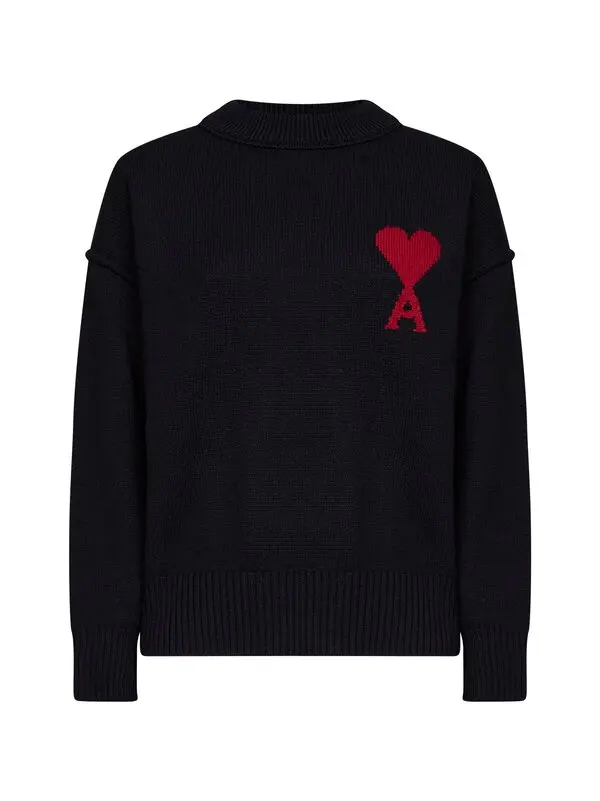 AMI Paris Black Felted Merino Wool De Cœur Crewneck Sweater - Multicolor